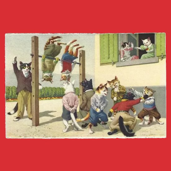 Max Kunzli Dressed Cat Postcard of Tug of War : Pearl's Parlor | Ruby Lane