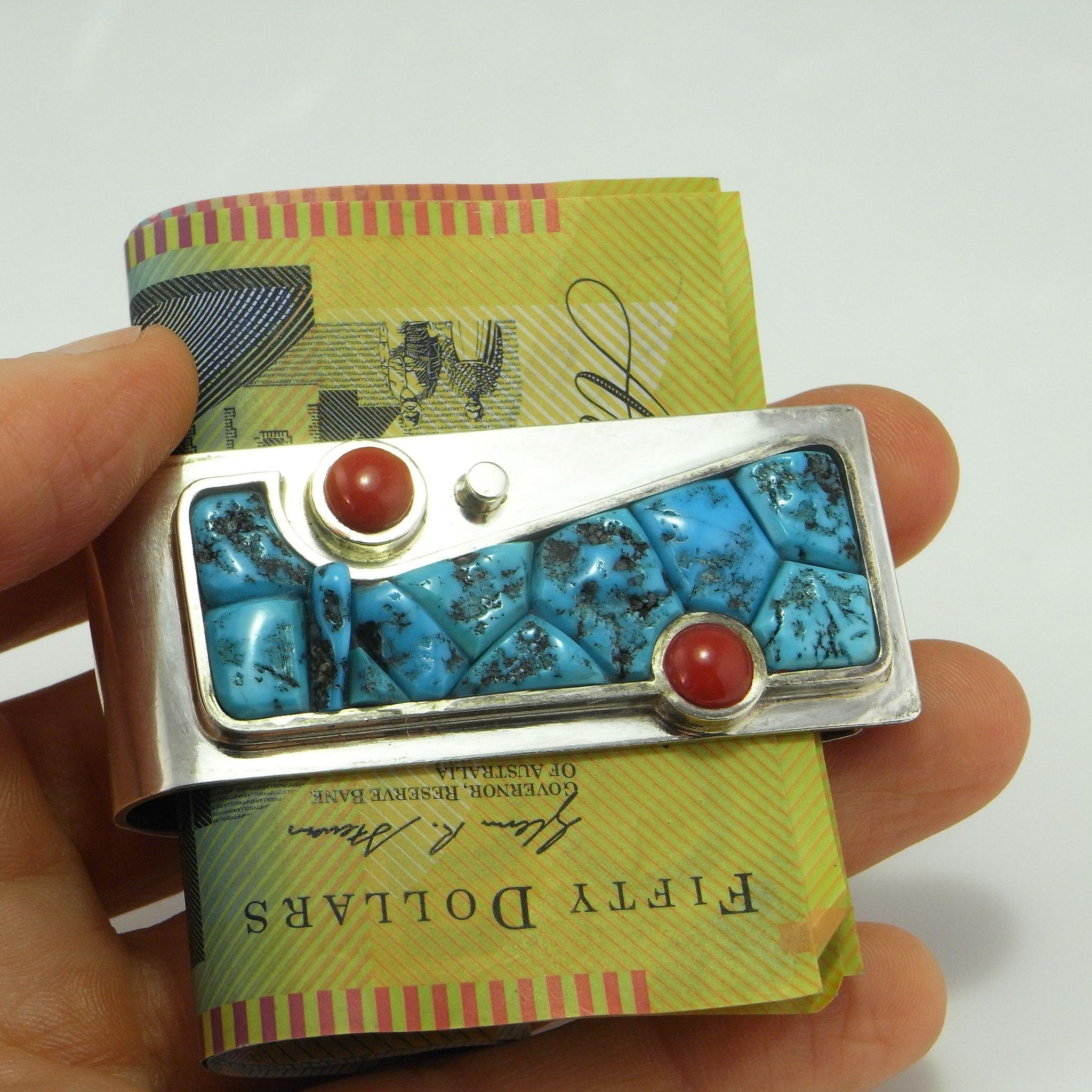 Sterling Silver Money Clip 925 Precious Red Coral Natural Turquoise ...