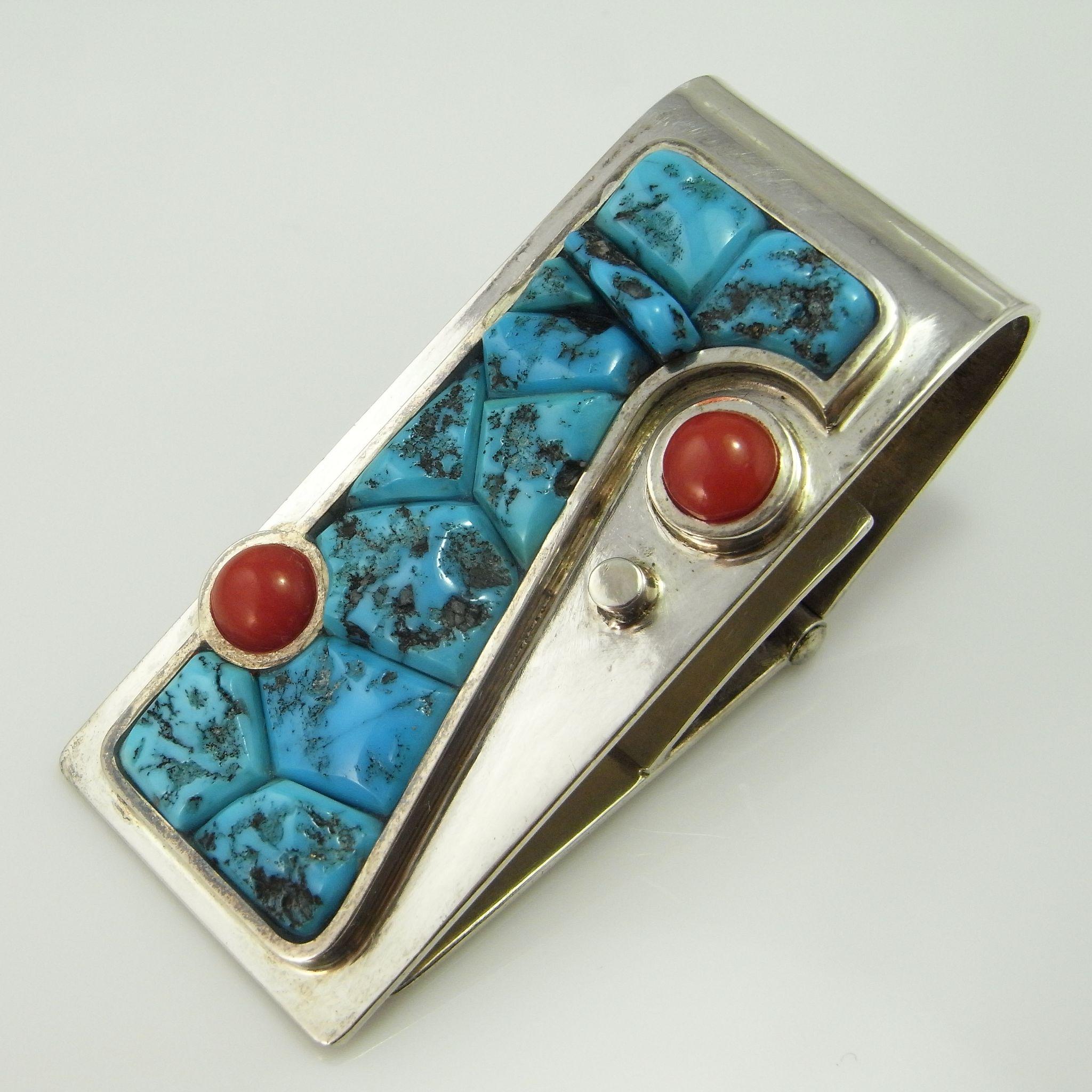 Sterling Silver Money Clip 925 Precious Red Coral Natural Turquoise ...